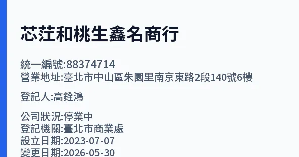 芯茳和桃生鑫名商行的照片-統編 88374714(臺北市) 公司登記資料與營業項目詳細圖表