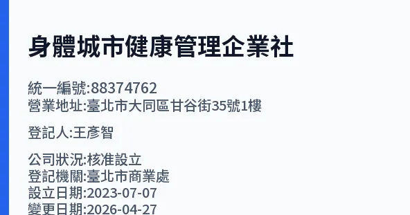 身體城市健康管理企業社的照片-統編 88374762(臺北市) 公司登記資料與營業項目詳細圖表