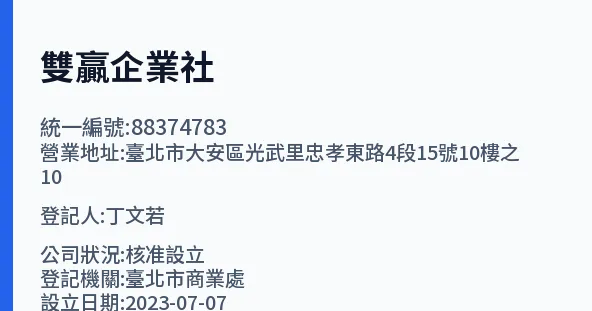雙贏企業社的照片-統編 88374783(臺北市) 公司登記資料與營業項目詳細圖表