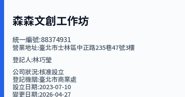 森森文創工作坊的照片-統編 88374931(臺北市) 公司登記資料與營業項目詳細圖表