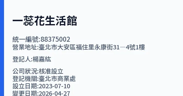 一蕊花生活館的照片-統編 88375002(臺北市) 公司登記資料與營業項目詳細圖表