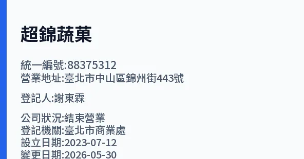 超錦蔬菓的照片-統編 88375312(臺北市) 公司登記資料與營業項目詳細圖表