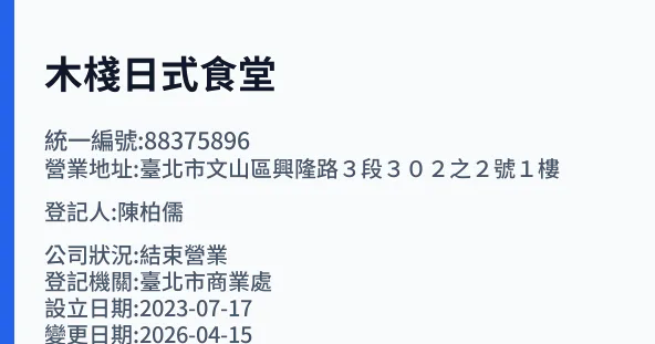 木棧日式食堂的照片-統編 88375896(臺北市) 公司登記資料與營業項目詳細圖表
