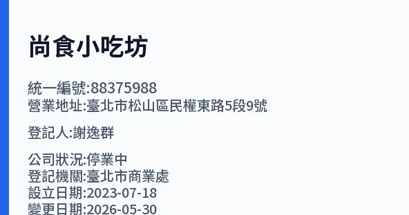 尚食小吃坊的照片-統編 88375988(臺北市) 公司登記資料與營業項目詳細圖表