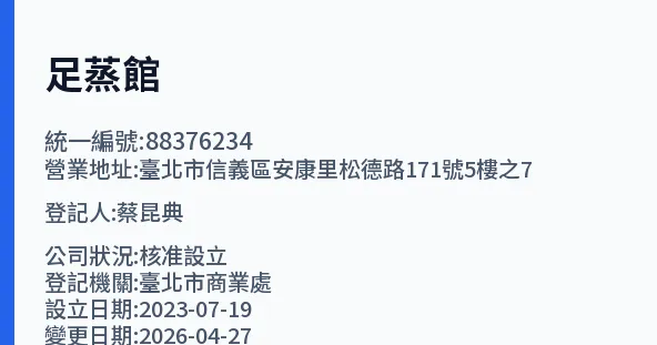 足蒸館的照片-統編 88376234(臺北市) 公司登記資料與營業項目詳細圖表