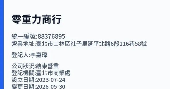 零重力商行的照片-統編 88376895(臺北市) 公司登記資料與營業項目詳細圖表