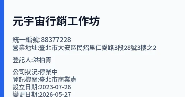 元宇宙行銷工作坊的照片-統編 88377228(臺北市) 公司登記資料與營業項目詳細圖表