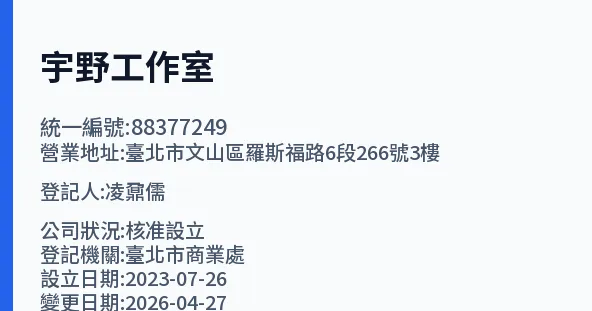 宇野工作室的照片-統編 88377249(臺北市) 公司登記資料與營業項目詳細圖表
