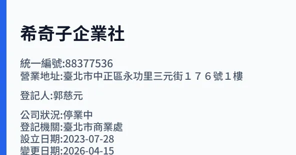 希奇子企業社的照片-統編 88377536(臺北市) 公司登記資料與營業項目詳細圖表