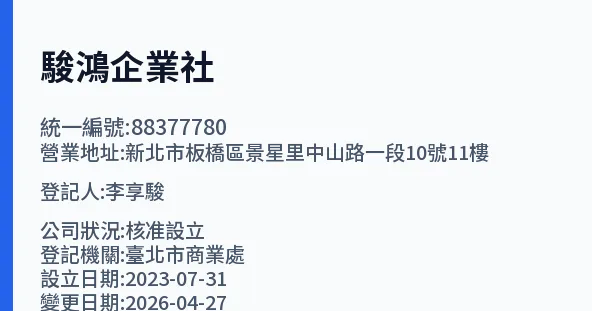 駿鴻企業社的照片-統編 88377780(新北市) 公司登記資料與營業項目詳細圖表