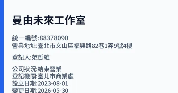 曼由未來工作室的照片-統編 88378090(臺北市) 公司登記資料與營業項目詳細圖表