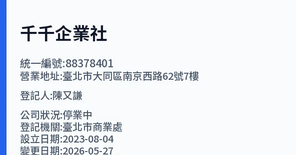 千千企業社的照片-統編 88378401(臺北市) 公司登記資料與營業項目詳細圖表