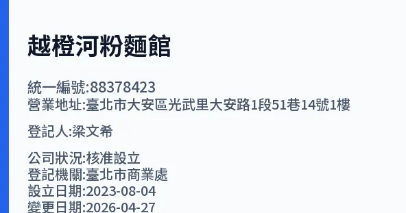 越橙河粉麵館的照片-統編 88378423(臺北市) 公司登記資料與營業項目詳細圖表