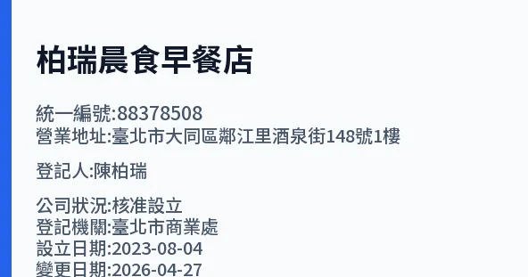 柏瑞晨食早餐店的照片-統編 88378508(臺北市) 公司登記資料與營業項目詳細圖表