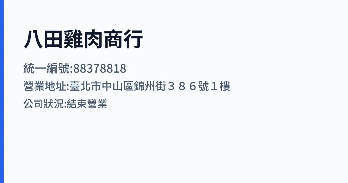 八田雞肉商行 - 統編 88378818(臺北市) 公司登記資料與營業項目詳細圖表