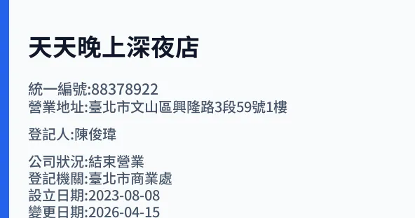 天天晚上深夜店的照片-統編 88378922(臺北市) 公司登記資料與營業項目詳細圖表