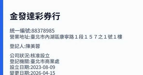 金發達彩券行的照片-統編 88378985(臺北市) 公司登記資料與營業項目詳細圖表