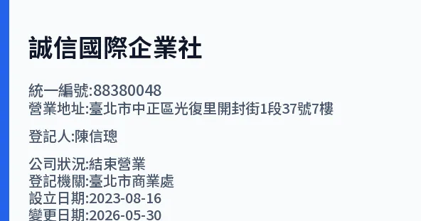 誠信國際企業社的照片-統編 88380048(臺北市) 公司登記資料與營業項目詳細圖表