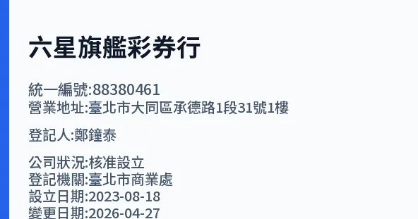 六星旗艦彩券行的照片-統編 88380461(臺北市) 公司登記資料與營業項目詳細圖表