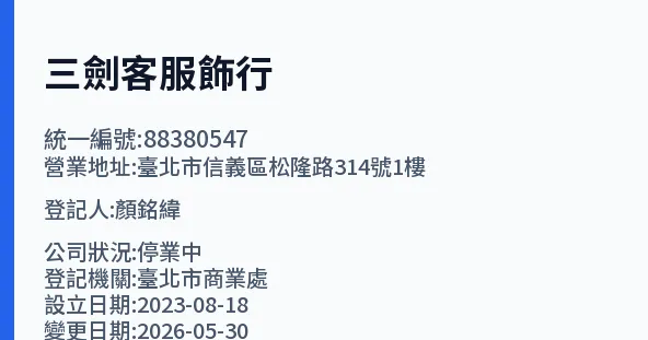 三劍客服飾行的照片-統編 88380547(臺北市) 公司登記資料與營業項目詳細圖表