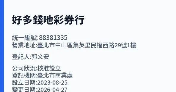 好多錢吔彩券行的照片-統編 88381335(臺北市) 公司登記資料與營業項目詳細圖表