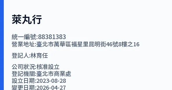 萊丸行的照片-統編 88381383(臺北市) 公司登記資料與營業項目詳細圖表