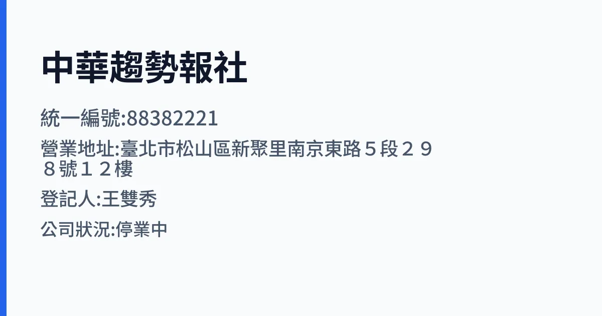 中華趨勢報社 - 統編 88382221(臺北市) 公司登記資料與營業項目詳細圖表