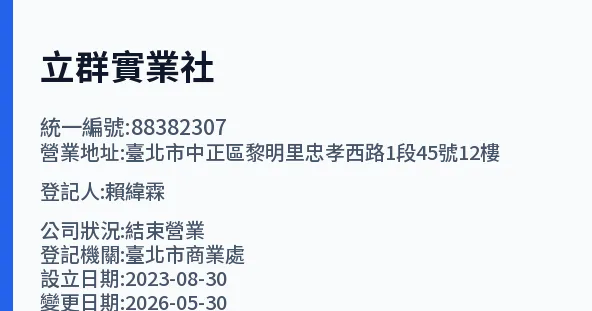 立群實業社的照片-統編 88382307(臺北市) 公司登記資料與營業項目詳細圖表