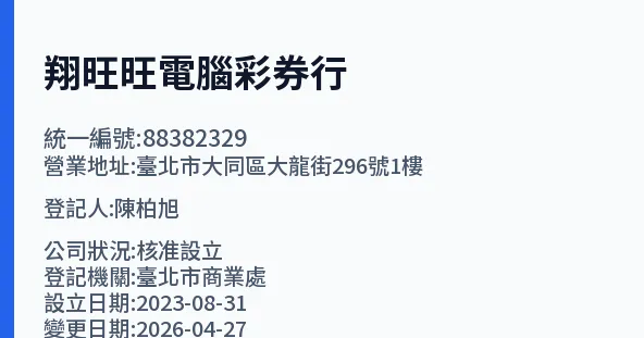 翔旺旺電腦彩券行的照片-統編 88382329(臺北市) 公司登記資料與營業項目詳細圖表