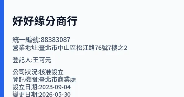 好好緣分商行的照片-統編 88383087(臺北市) 公司登記資料與營業項目詳細圖表