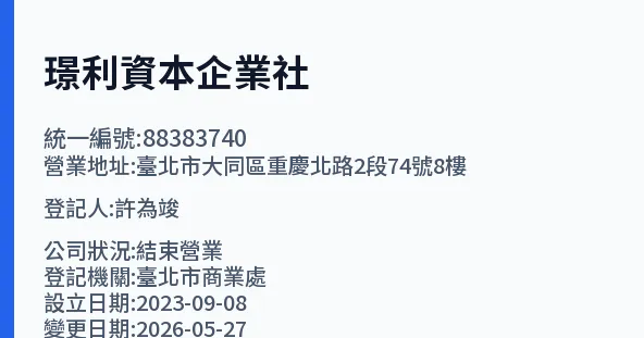 璟利資本企業社的照片-統編 88383740(臺北市) 公司登記資料與營業項目詳細圖表
