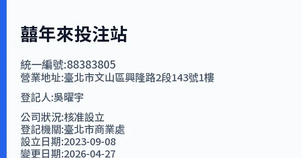 囍年來投注站的照片-統編 88383805(臺北市) 公司登記資料與營業項目詳細圖表