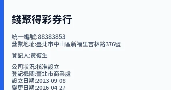 錢聚得彩券行的照片-統編 88383853(臺北市) 公司登記資料與營業項目詳細圖表