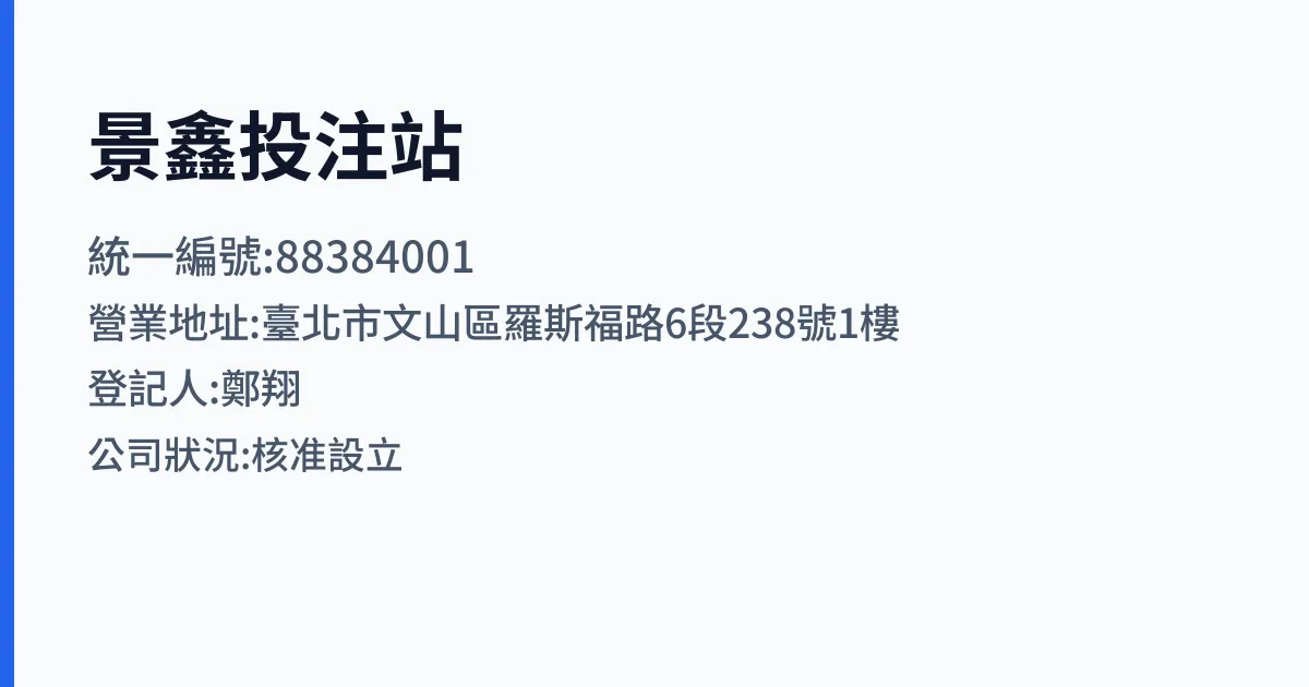 景鑫投注站 - 統編 88384001(臺北市) 公司登記資料與營業項目詳細圖表