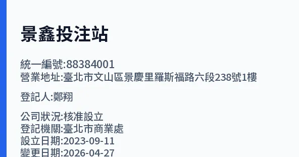 景鑫投注站的照片-統編 88384001(臺北市) 公司登記資料與營業項目詳細圖表