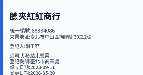 臉夾紅紅商行的照片-統編 88384086(臺北市) 公司登記資料與營業項目詳細圖表