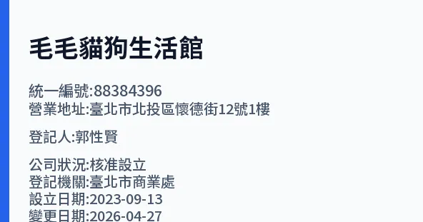 毛毛貓狗生活館的照片-統編 88384396(臺北市) 公司登記資料與營業項目詳細圖表