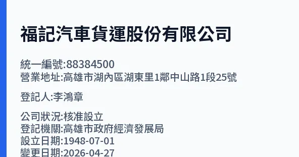 福記汽車貨運股份有限公司的照片-統編 88384500(高雄市) 公司登記資料與營業項目詳細圖表