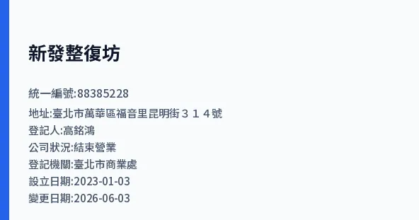新發整復坊的照片-統編 88385228(臺北市) 公司登記資料與營業項目詳細圖表
