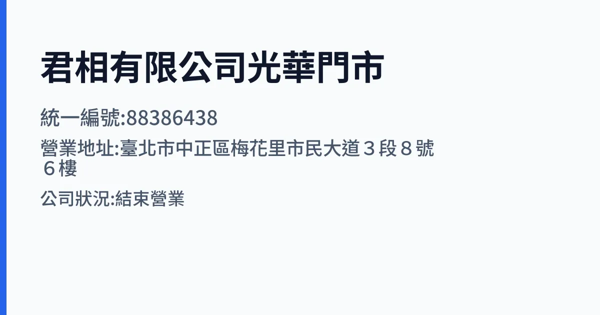 君相有限公司光華門市 - 統編 88386438(臺北市) 公司登記資料與營業項目詳細圖表