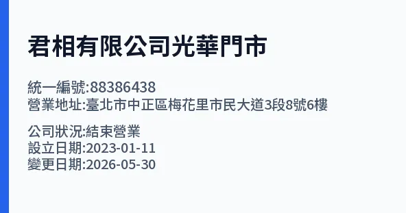 君相有限公司光華門市的照片-統編 88386438(臺北市) 公司登記資料與營業項目詳細圖表