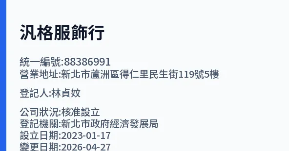 汎格服飾行的照片-統編 88386991(新北市) 公司登記資料與營業項目詳細圖表