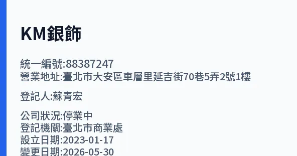 KM銀飾的照片-統編 88387247(臺北市) 公司登記資料與營業項目詳細圖表