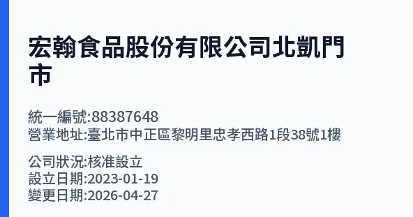 宏翰食品股份有限公司北凱門市的照片-統編 88387648(臺北市) 公司登記資料與營業項目詳細圖表