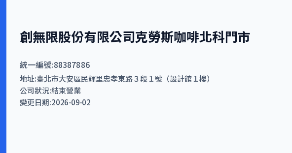 創無限股份有限公司克勞斯咖啡北科門市的照片-統編 88387886(臺北市) 公司登記資料與營業項目詳細圖表