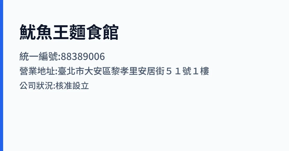 魷魚王麵食館 - 統編 88389006(臺北市) 公司登記資料與營業項目詳細圖表