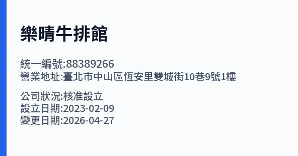 樂晴牛排館的照片-統編 88389266(臺北市) 公司登記資料與營業項目詳細圖表