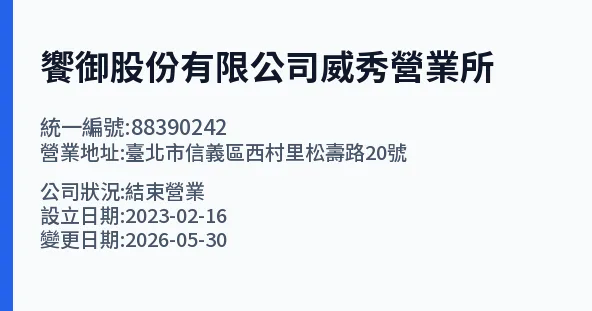 饗御股份有限公司威秀營業所的照片-統編 88390242(臺北市) 公司登記資料與營業項目詳細圖表