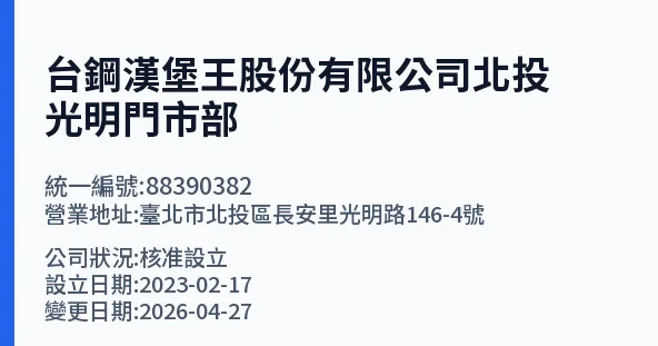 台鋼漢堡王股份有限公司北投光明門市部的照片-統編 88390382(臺北市) 公司登記資料與營業項目詳細圖表