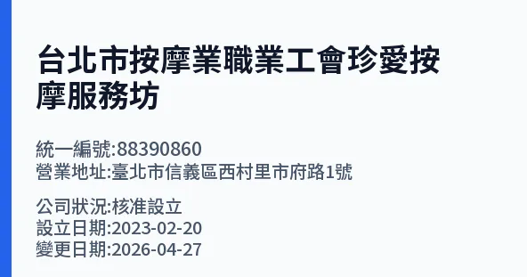 台北市按摩業職業工會珍愛按摩服務坊的照片-統編 88390860(臺北市) 公司登記資料與營業項目詳細圖表